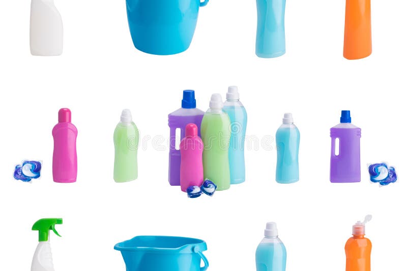 Collage Of Colorful Bottles Of Cleaning Products On White Background ...