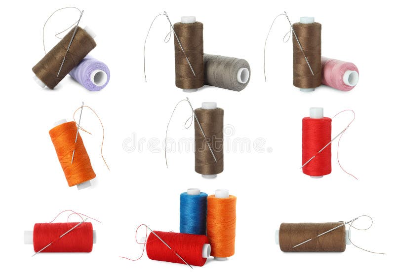 Collage with Colorful Sewing Threads and Needles on White Background ...