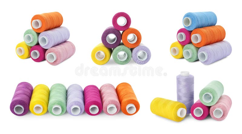 Collage with Colorful Sewing Threads on White Background Stock Photo ...