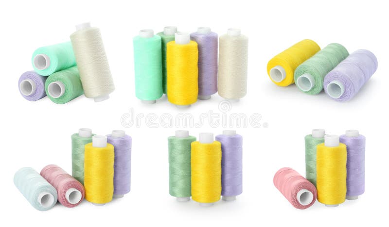 Collage with Colorful Sewing Threads on White Background Stock Photo ...