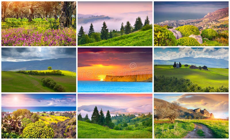 Collage with 9 Colorful Summer Landscapes. Stock Photo - Image of ...