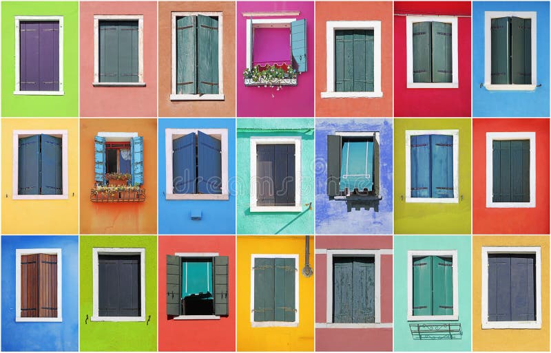 Collage of Colorful Windows with Frames in Burano Stock Image - Image ...