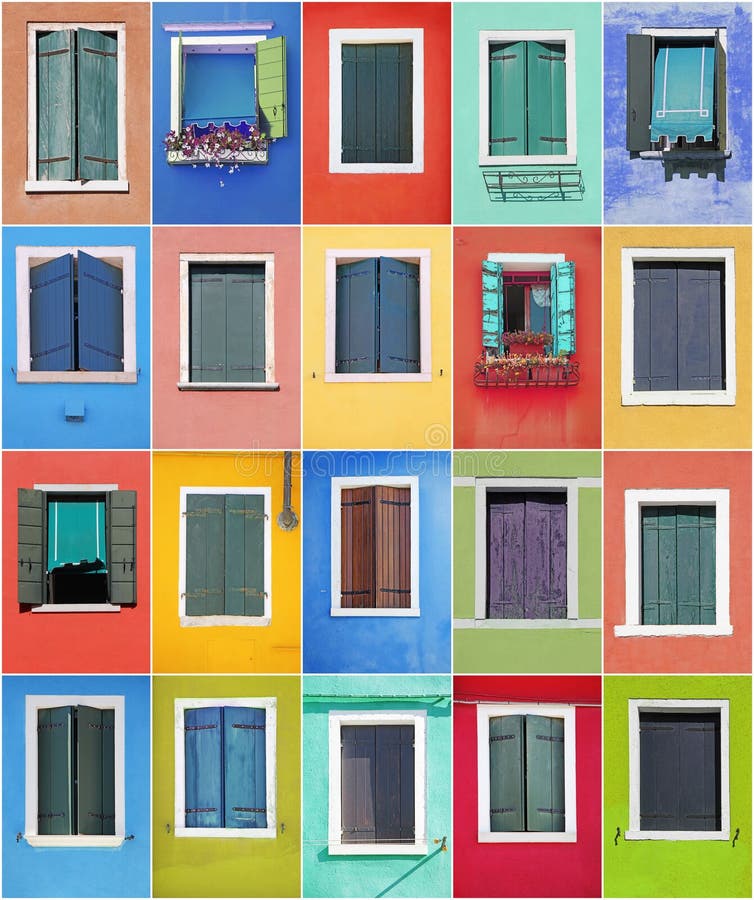 Collage of Colorful Windows with Frames in Burano Stock Image - Image ...