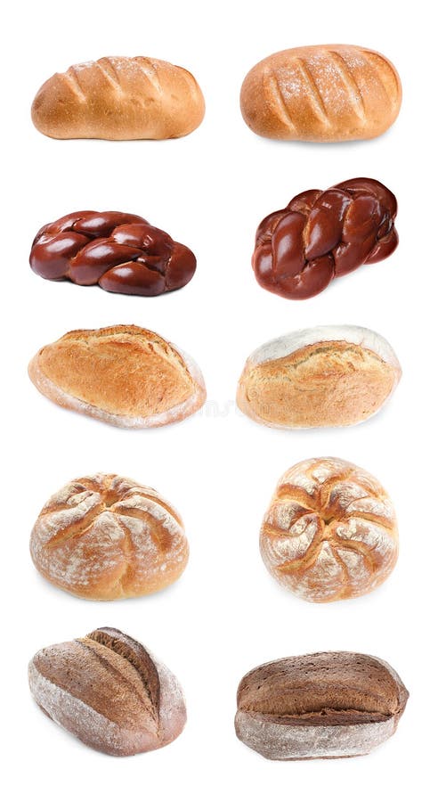 Collage Con Diferentes Panes Sobre Fondo Blanco Imagen de archivo ...
