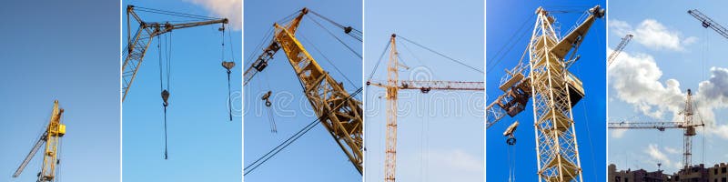 Collage of Construction Building Crane. Construction Site Background ...