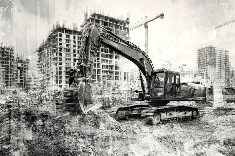 Collage of Construction Equipment Operating in Urban Development ...