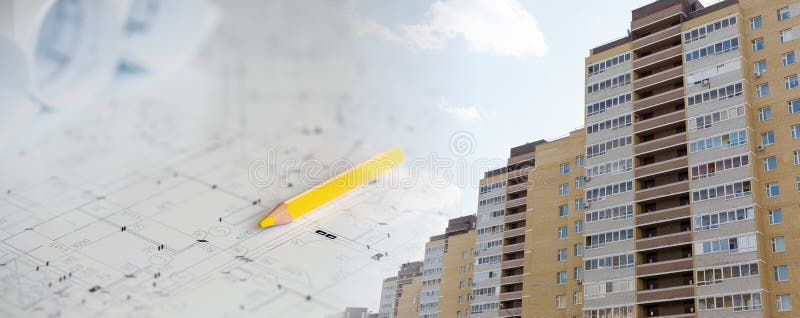 Collage with Construction Plans and a Modern Building Stock Image ...