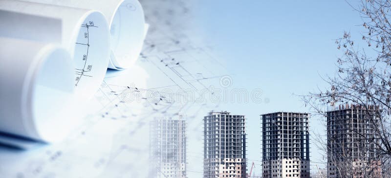 Collage with Construction Plans and a Modern Building Stock Image ...