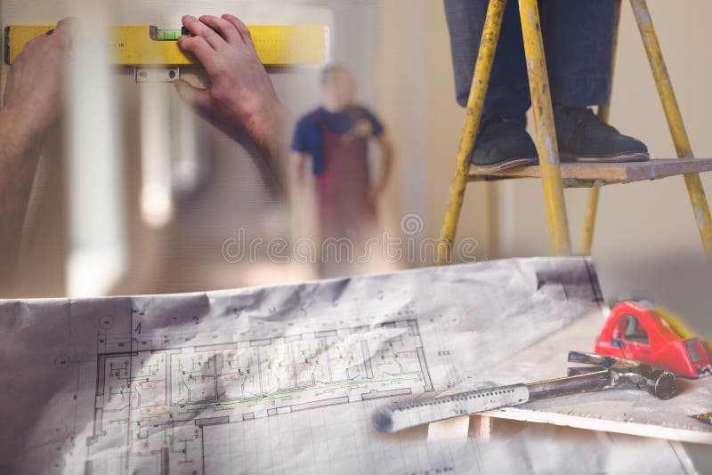 Collage of Construction Site with Architectural Plan with Details ...