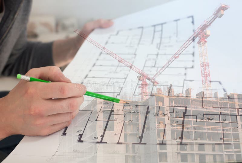 Collage with Construction Worker Holding Construction Plans and ...