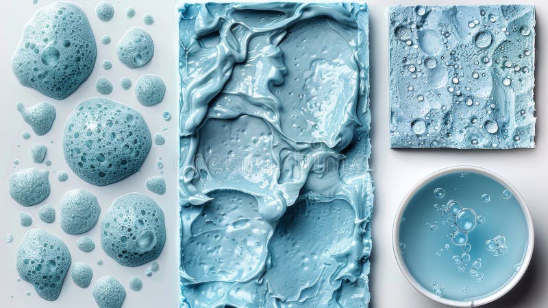 Collage of Cosmetic Cleanser Foam and Liquid Textures in Blue Stock ...