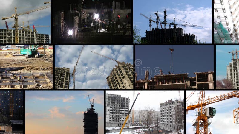 Collage with Cranes, Workers on Construction Stock Footage - Video of ...