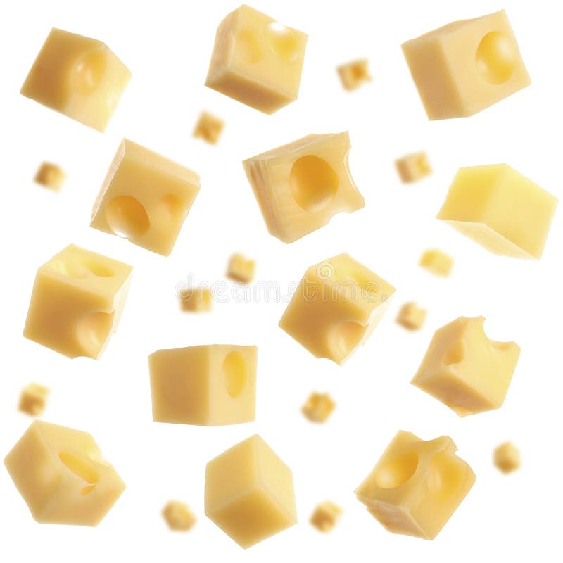 Collage with Cubes of Cheese Falling on Background Stock Image - Image ...