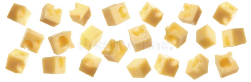 Collage with Cubes of Cheese Falling on Background Stock Image - Image ...
