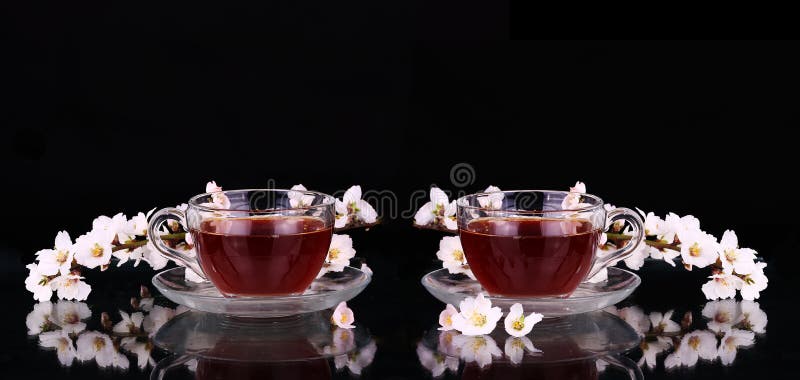 Collage Cup of Tea and Cherry Branch Stock Image - Image of beautiful ...