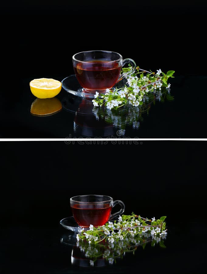 Collage Cup of Tea and Cherry Branch Stock Image - Image of branch ...