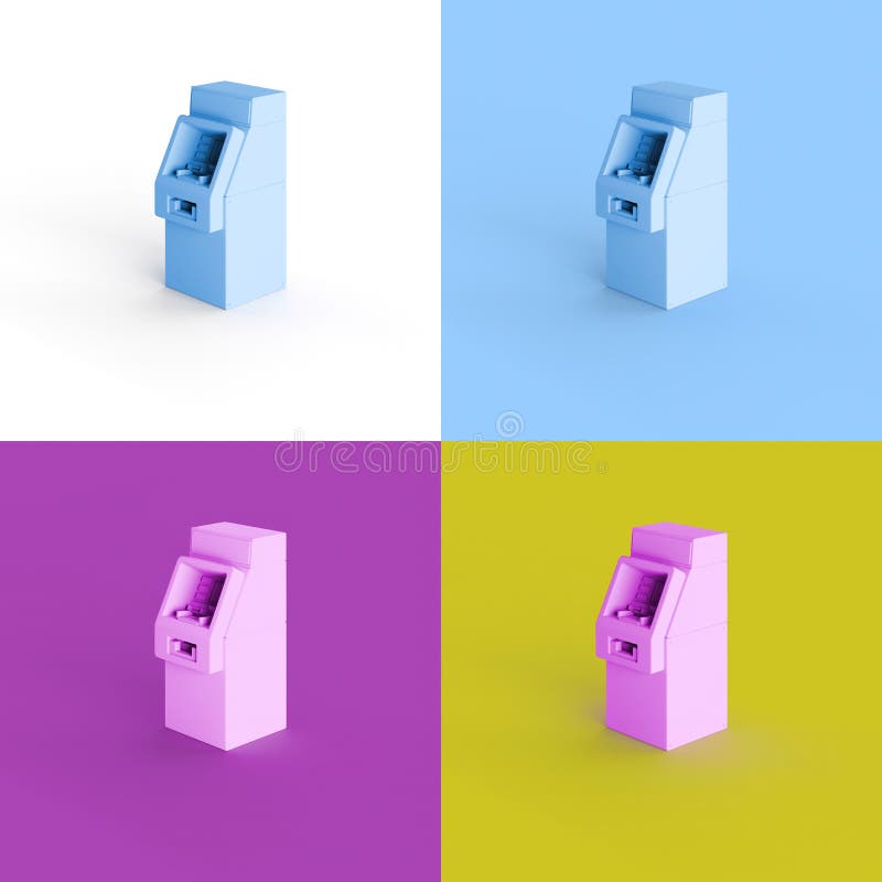 Collage of 3D Rendered ATM Terminals in Four Different Vibrant Colors ...