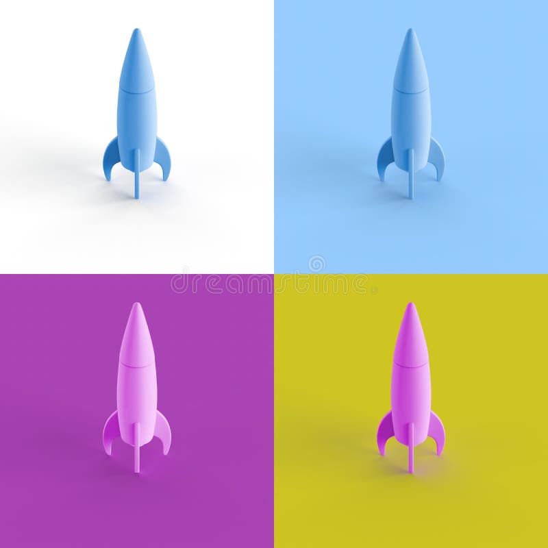 Collage of 3D Rendered Minimalistic Rocket in Four Different Vibrant ...