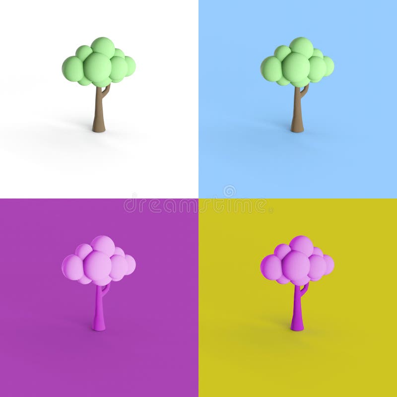 Collage of 3D Rendered Trees in Four Different Vibrant Colors Stock ...