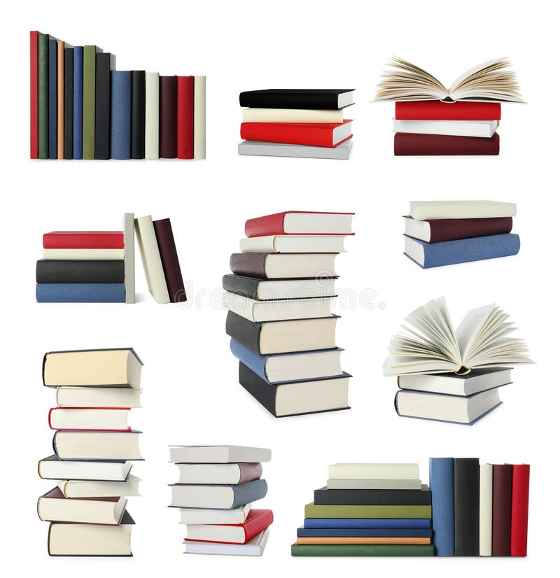 Collage De Diferentes Libros Aislados En Blanco Foto de archivo ...
