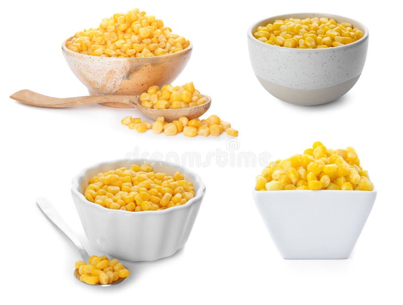 Collage with Delicious Canned Corn on White Background Stock Image ...