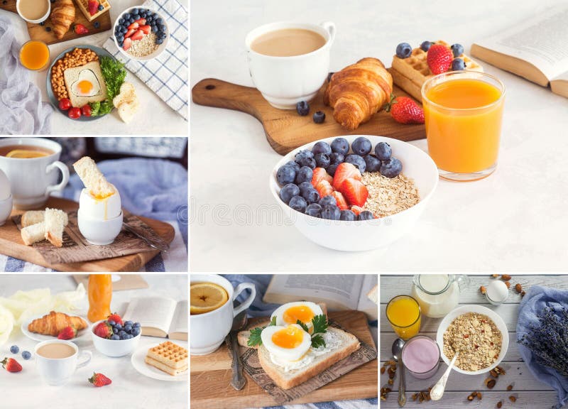 Collage from Differen Kind of Healthy European Breakfast with Eggs ...