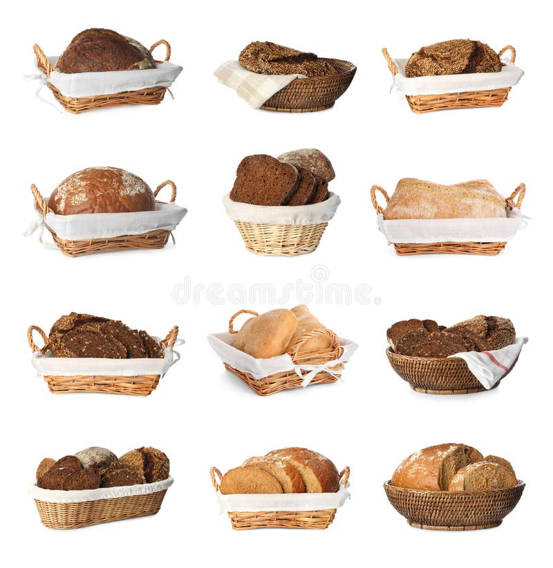 Collage with Different Bread in Baskets on White Background Stock Image ...