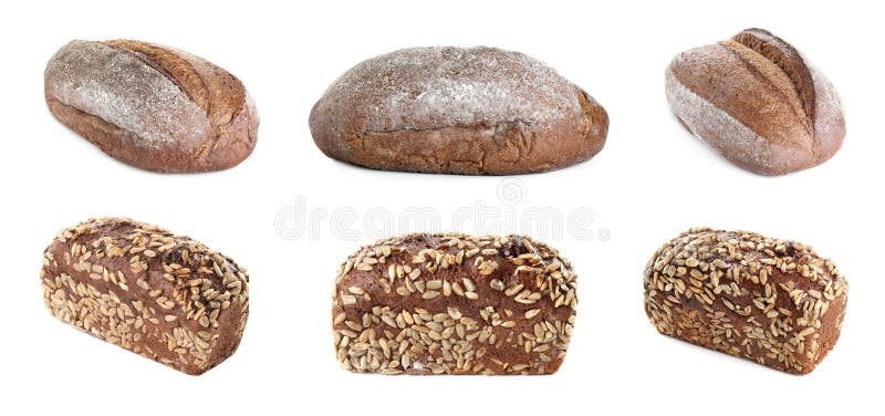 Collage with Different Bread on White Background, Banner Design Stock ...