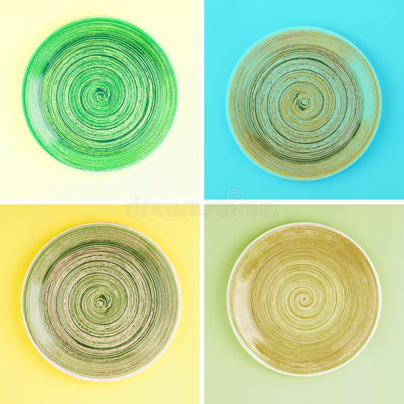 Collage from Different Colored Round Ceramic Plates with Spiral Pattern ...