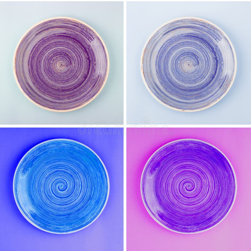 Collage From Different Colored Round Ceramic Plates With Spiral Pattern ...