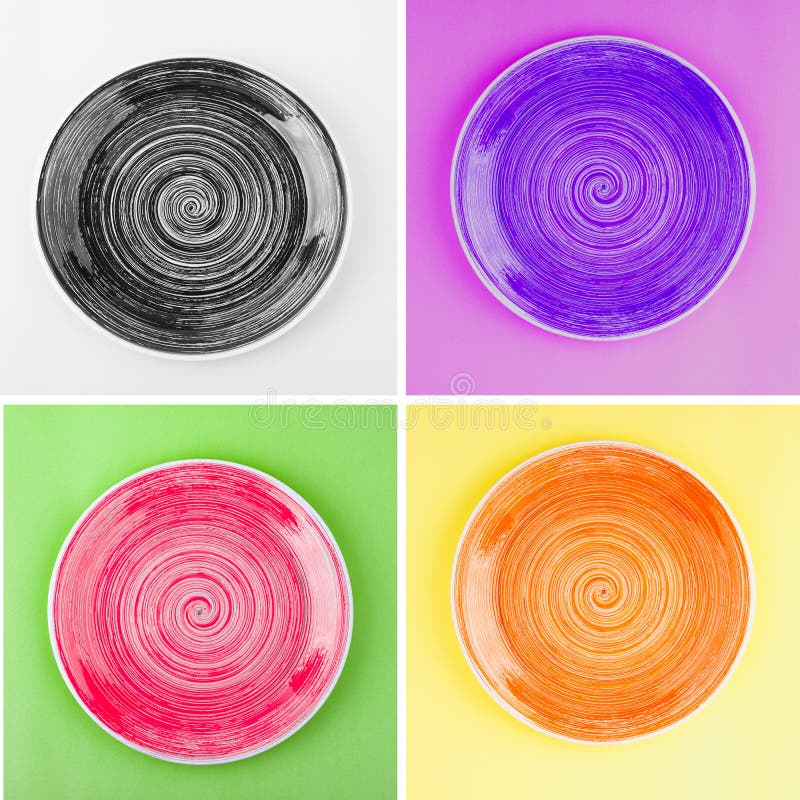 Collage from Different Colored Round Ceramic Plates with Spiral Pattern ...