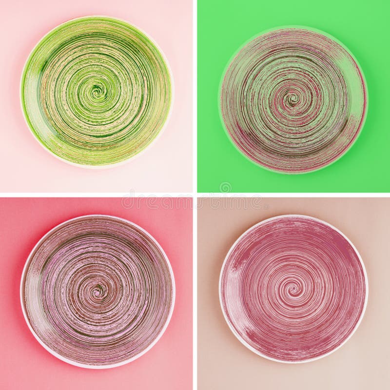 Collage from Different Colored Round Ceramic Plates with Spiral Pattern ...