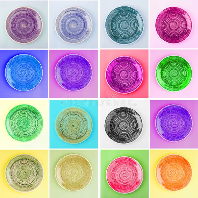 Collage from Different Colored Round Ceramic Plates with Spiral Pattern ...