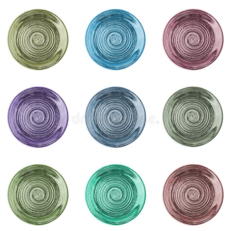 Collage from Different Colored Round Ceramic Plates with Spiral Pattern ...