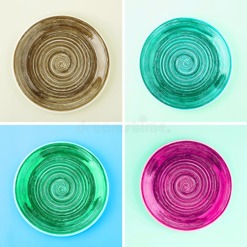 Collage from Different Colored Round Ceramic Plates with Spiral Pattern ...