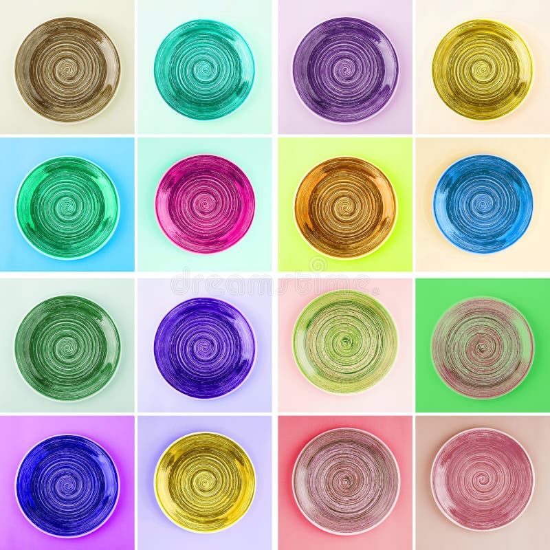 Collage from Different Colored Round Ceramic Plates with Spiral Pattern ...
