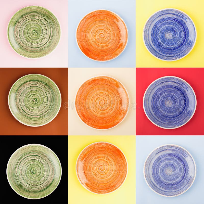 Collage from Different Colored Round Ceramic Plates with Spiral Pattern ...