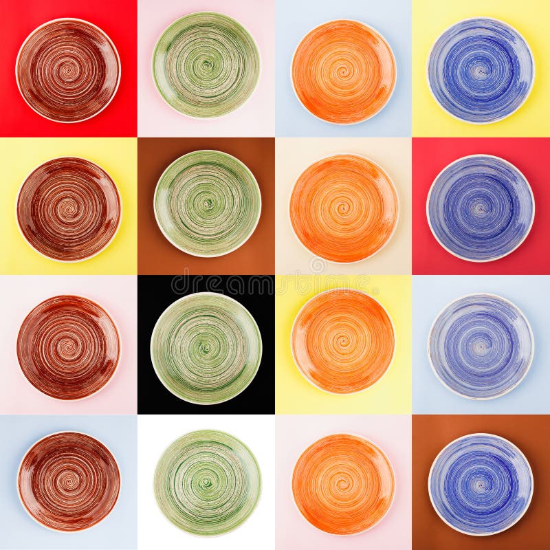Collage from Different Colored Round Ceramic Plates with Spiral Pattern ...