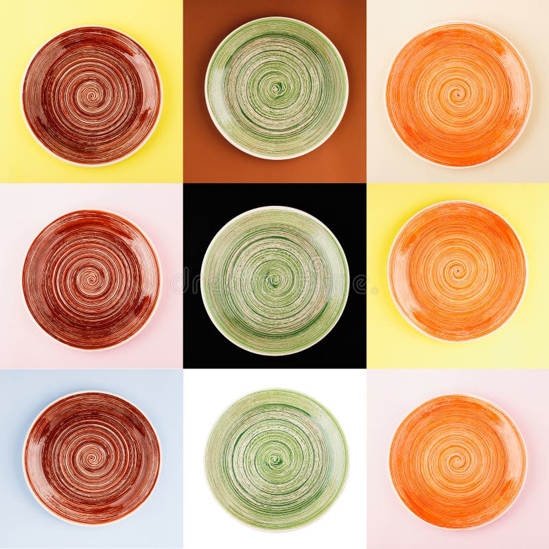 Collage from Different Colored Round Ceramic Plates with Spiral Pattern ...