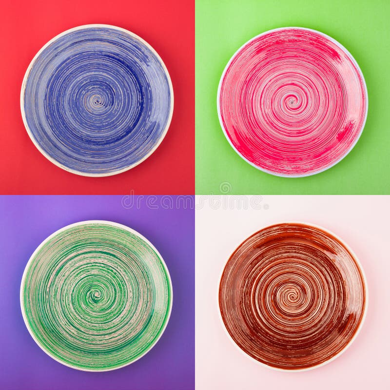 Collage from Different Colored Round Ceramic Plates with Spiral Pattern ...