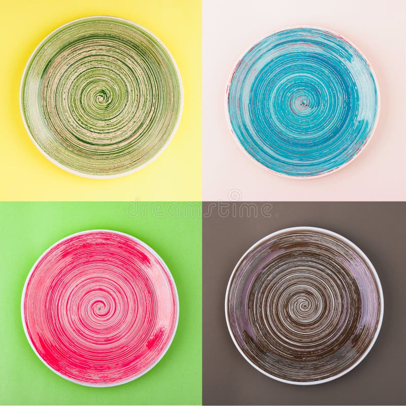 Collage from Different Colored Round Ceramic Plates with Spiral Pattern ...