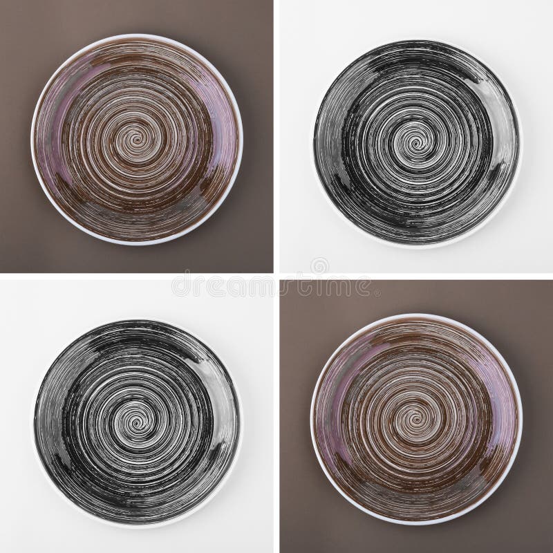 Collage from Different Colored Round Ceramic Plates with Spiral Pattern ...