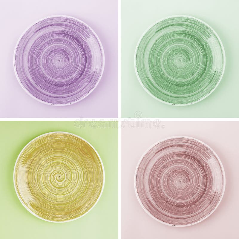 Collage from Different Colored Round Ceramic Plates with Spiral Pattern ...