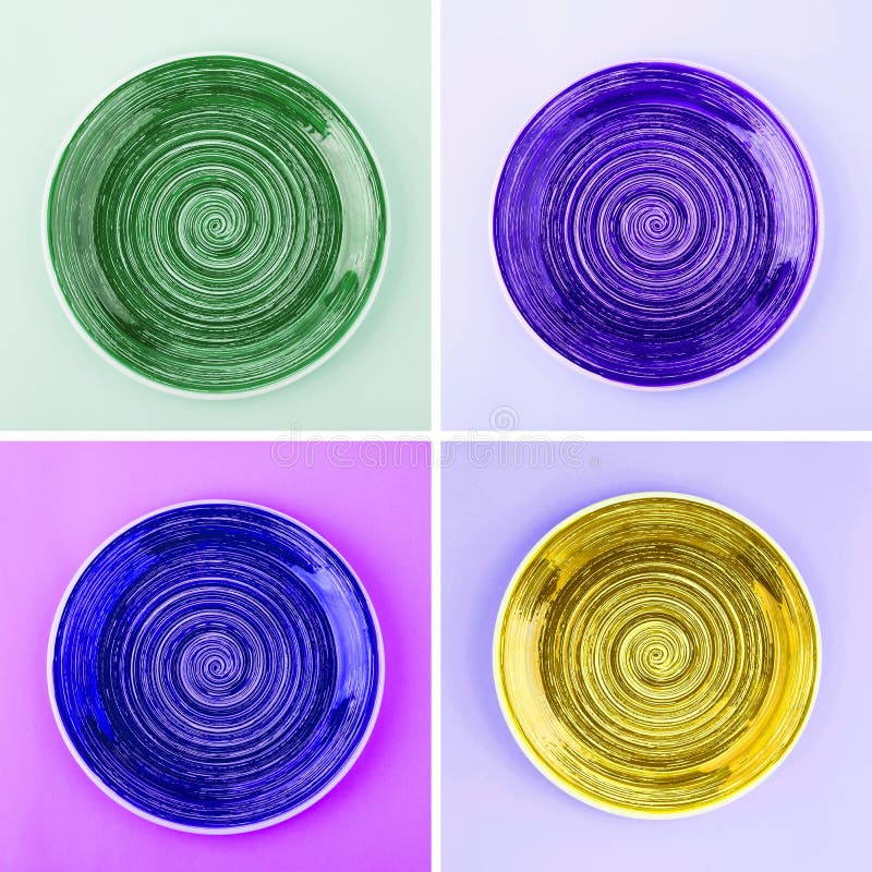 Collage from Different Colored Round Ceramic Plates with Spiral Pattern ...