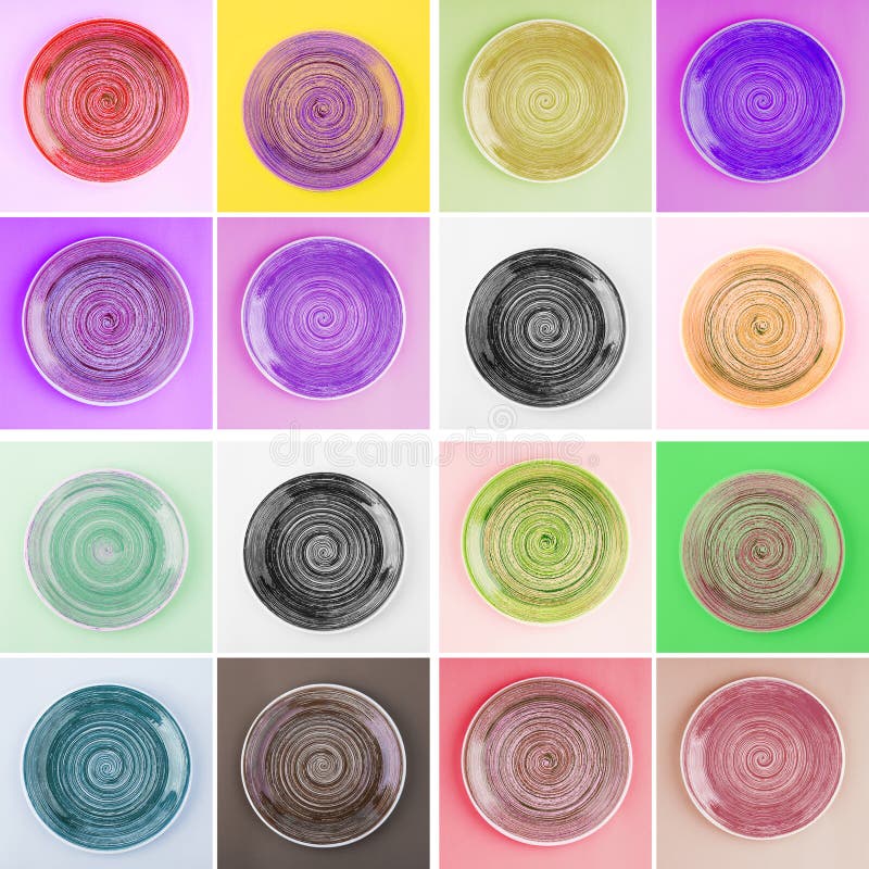 Collage from Different Colored Round Ceramic Plates with Spiral Pattern ...
