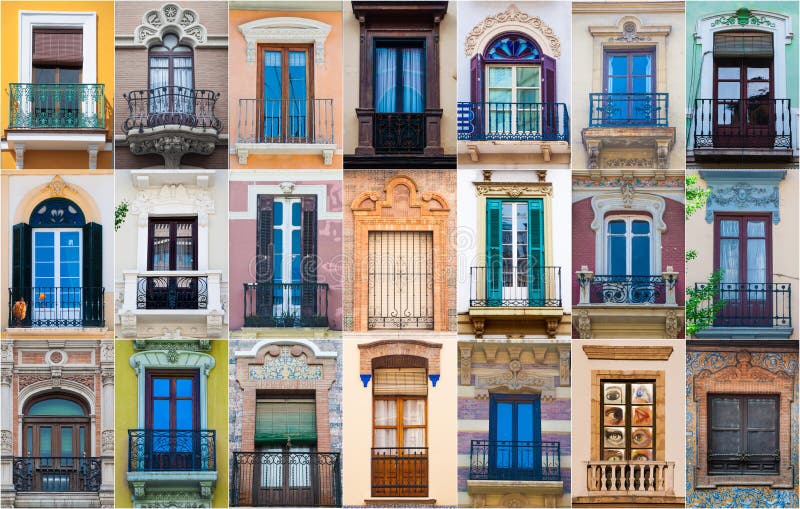 Collage of Different Colorful Spanish Windows Stock Image - Image of ...