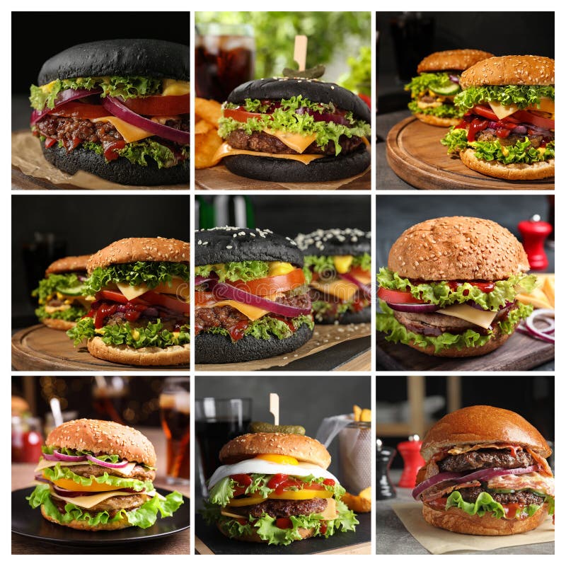 Collage of Different Delicious Burgers Stock Photo - Image of ...
