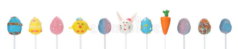 Collage with Different Delicious Cake Pops on White Background. Banner ...