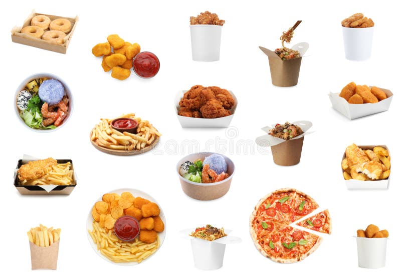 Collage with Different Delicious Fast Food on White Background Stock ...