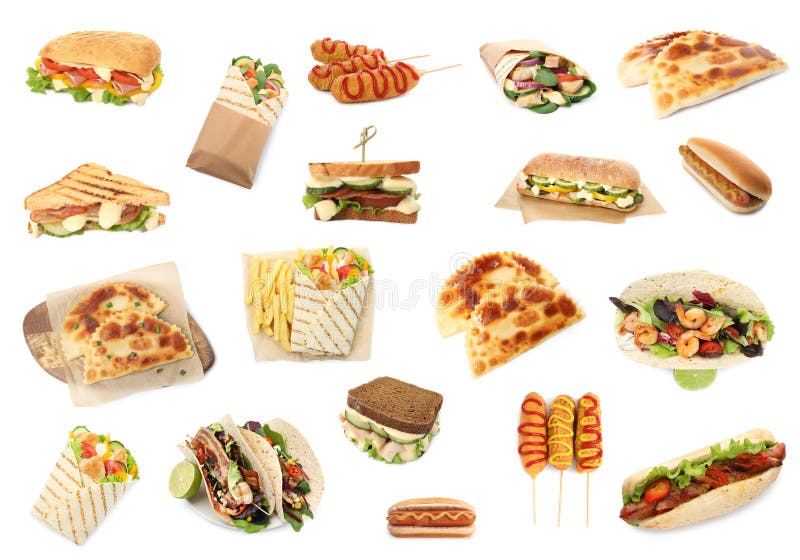 Collage with Different Delicious Fast Food on White Background Stock ...
